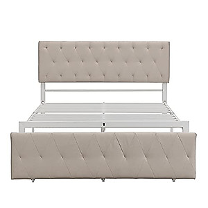 Full Bed with Drawers, Upholstered Platform Bed with Headboard, Metal Bed Frame with Storage for Boys, Girls, Kids, Teens, Beige