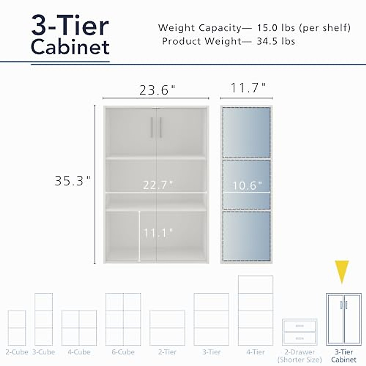 HOMES: Inside + Out Apexa 3-Tier Stackable Wood Bookcase with Doors, Cube Storage Organizer Shelves, Small Food Pantry Cabinet, Dorm Teen Room Decor & Bedroom, Home Office, Kitchen, White