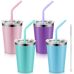 Rommeka Kids Stainless Steel Tumblers with Lids and Straws - 12oz Double Wall Spill Proof Insulated Cup, Reusable Drinking Smoothie Toddler Sippy Cups for Boys and Girls, 4 Pack