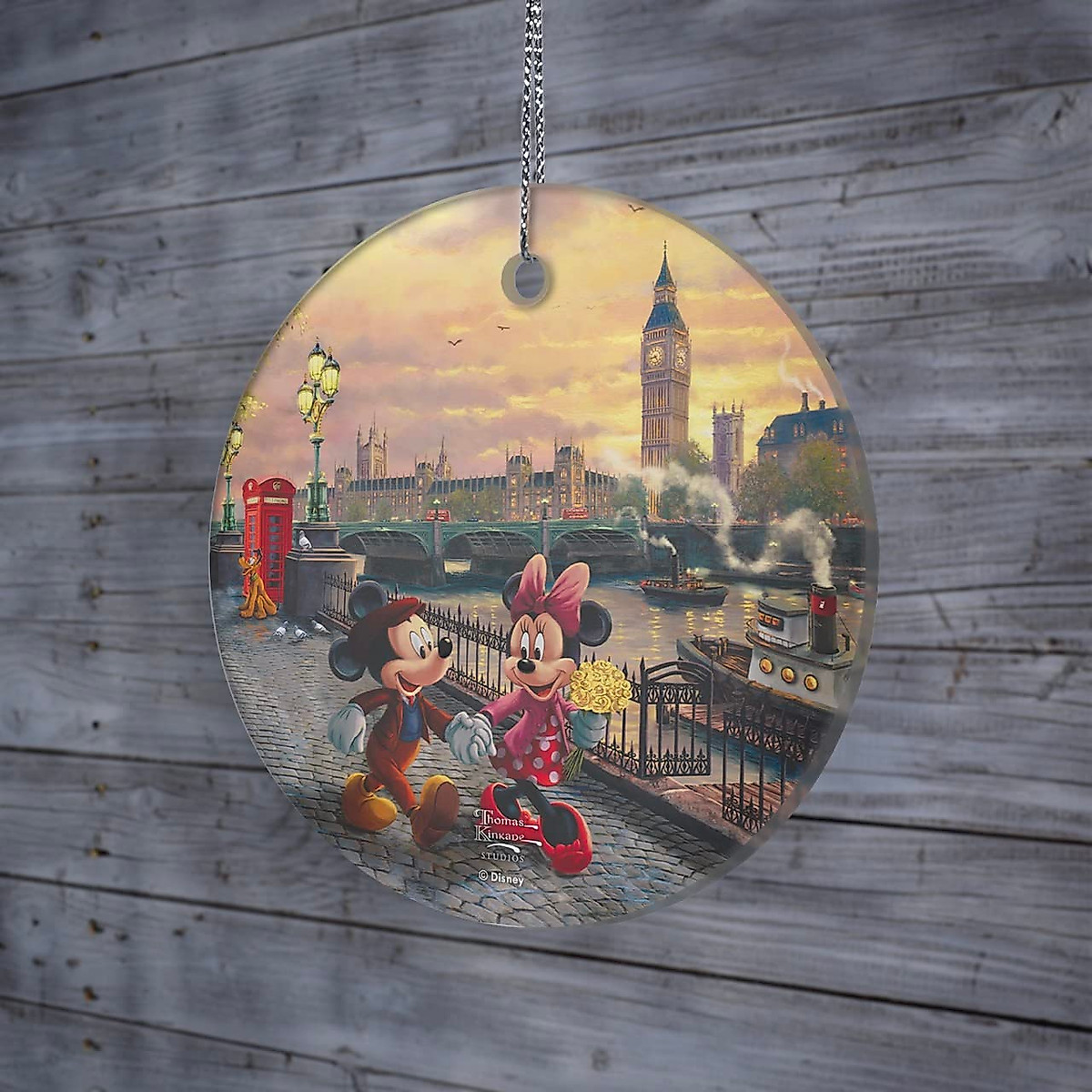 Disney – Mickey and Minnie Mouse – London – Thomas Kinkade Studios - 3.5” Starfire Prints Hanging Glass Print Accessory – Officially Licensed Collectible | Complimentary Velveteen Gift Bag