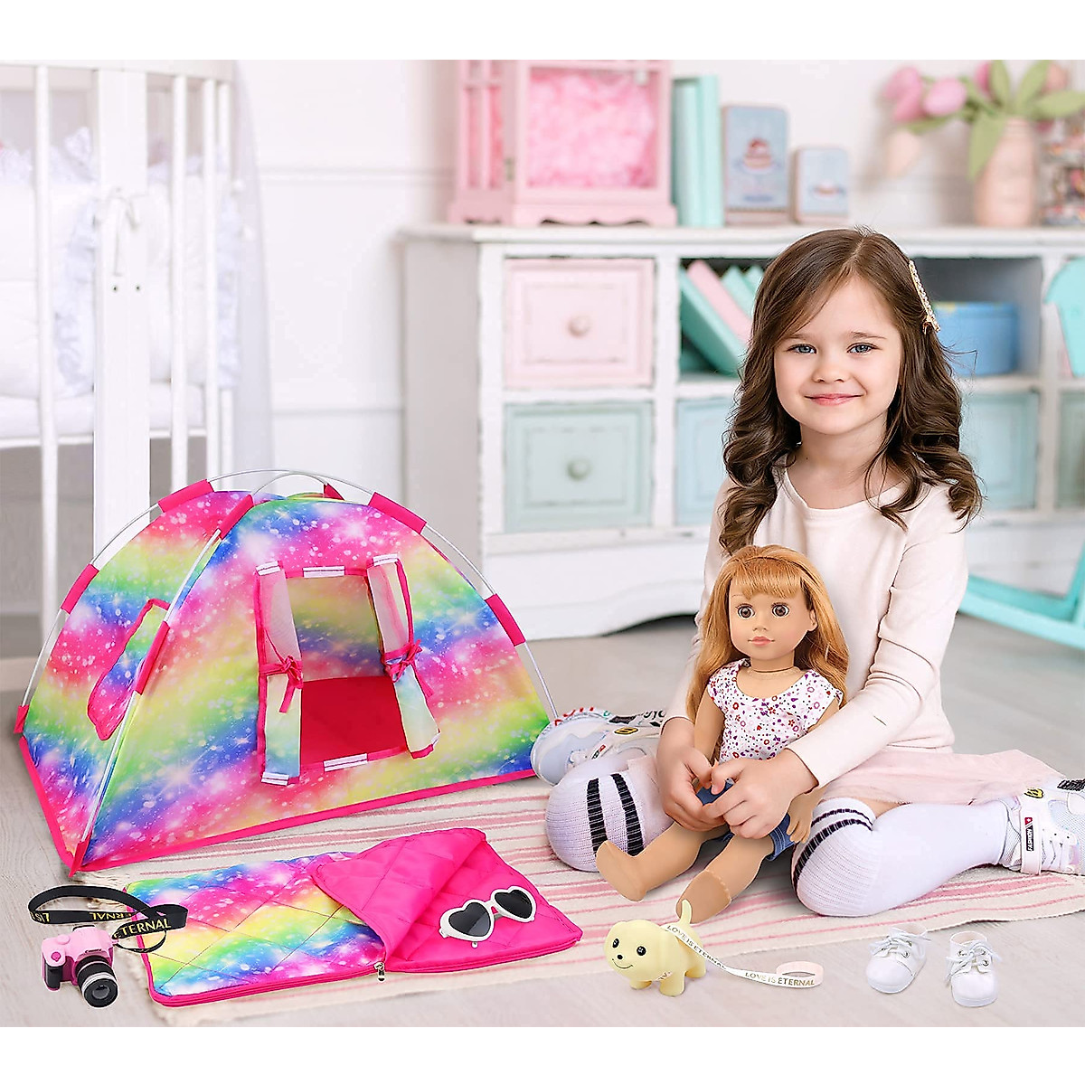 ZITA ELEMENT 7 Items Fashion Doll Camping Tent Set for 18 Inch Girl Doll Accessories - Including 18 Inch Doll Camping Tent, Sleeping Bag, Clothes Set, Shoes, Camera, EYE Glasses and Toy Dog
