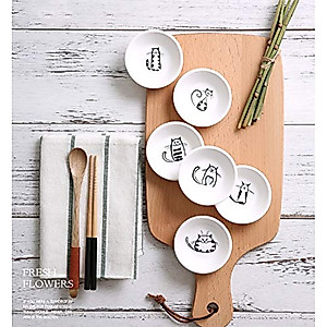 Cute Cat Ceramic Side Sauce Dishes Mini Heart shape Seasoning Dish, Sushi Soy Dipping Bowl,Serving Saucers Dishe,Meow Porcelain Small Tea Bag Holder Set of 6 (Round)