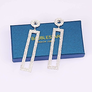 BaubleStar Rhinestone Long Drop Earrings Silver Cubic Zirconia Sparkly Statement Rectangle Dangle Geometric Earring Wedding Jewelry for Women