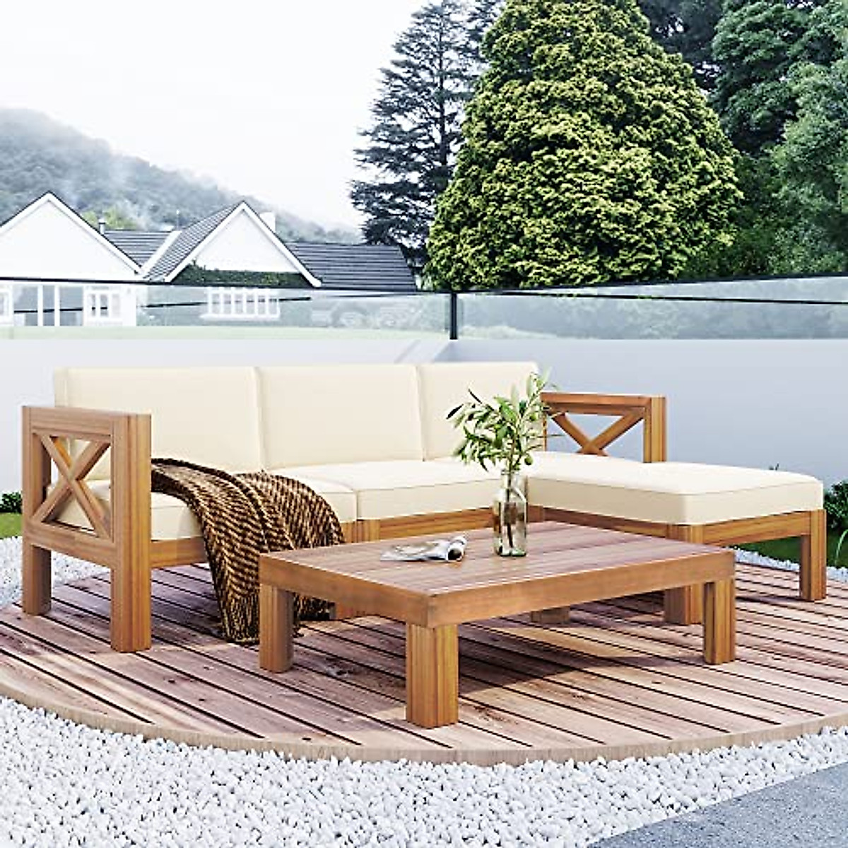 Quarte 5 Piece Outdoor Acacia Wood Sofa Set, X-Back Frames Design, Sectional Sofa Seating Group Set with Cushions