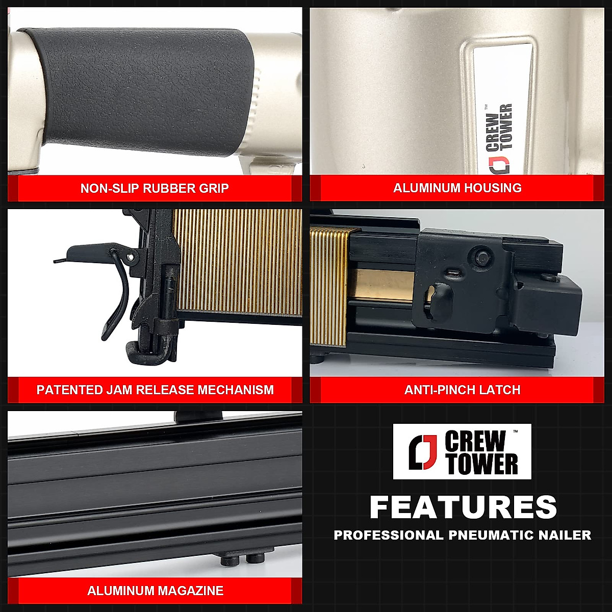 CREWTOWER Construction Stapler, 16 Gauge 15/16-inch Wide Crown, Pneumatic Air Staple Gun for Fence Wire Wood Lathes Slats Furniture Frames Pallets and Finish, Heavy Duty