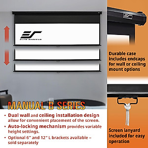 Elite Screens Manual B 110-INCH Manual Pull Down Projector Screen 4K 8K 3D Ultra HDR HD Ready Home Theater Movie Gaming Presentation Screen, M110H