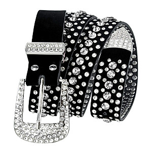 Women Rhinestone Belt Fashion Western Cowgirl Bling Studded Design Suede Leather Belt 1-1/4"(32mm) wide (Crystal, 34'' M)