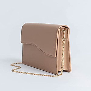 Kardinal Fashions Designer Clutch Purse for Women, Vegan Leather Fashion Envelope Style Hand Bag with Wristlet Strap and Gold Crossbody Chain from (Taupe)