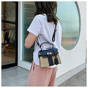 BZGWECD Handmade Rattan Crossbody Bags for Women, Summer Straw Bag Handbags Beach Bag PU Summer New Flap Crossbody Bag (Color : Black, Size : 18x8x15cm)