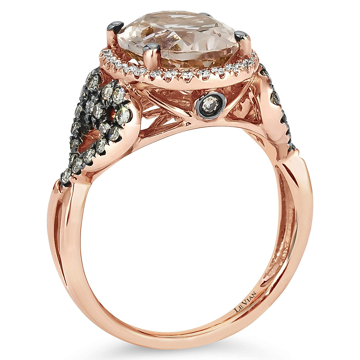 LE VIAN 14K Rose Gold Oval Morganite & 1/2 Cttw White/Chocolate Diamond Halo Engagement Ring (G-H & Fancy Brown Color, VS2-SI2 Clarity)- Size 7