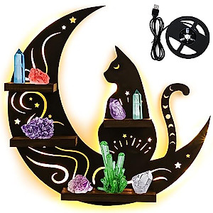 Crystal Shelf Display Vintage Crystal Wall Shelf Wooden Floating Shelf Rustic Cat Moon Shelves Cute Trinket Shelf Pagan Crystal Holder Shelf Essential Oil Display Boho Decor for Stone Small Plant