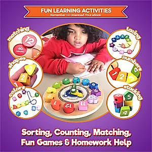 Lace & Learn Wood Clock for Kids - Shapes, Colors, Lacing & Telling Time Toddler Clock - Glow in The Dark Fine Motor Skills and Wooden Toys with Activity eBook