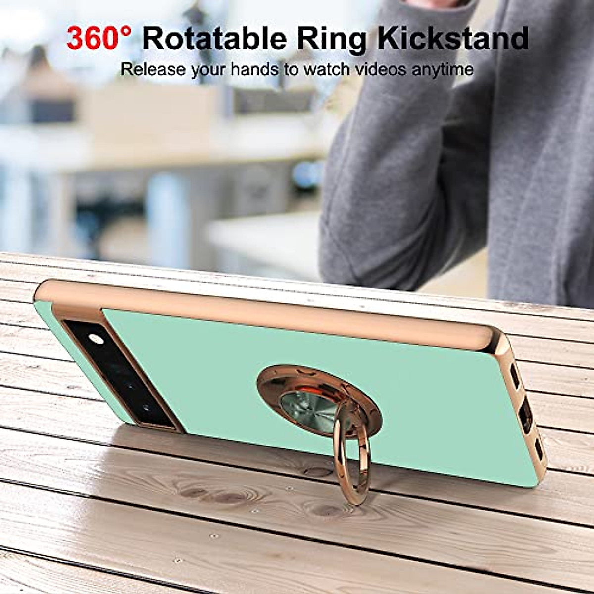 Aitipy for Google Pixel 6A Case, Built-in 360 Rotation Ring Holder with Screen Protector & Camera Lens Protector, Luxury Shiny Electroplated Edged Shockproof Protective Phone Cover (Mint/Golden)