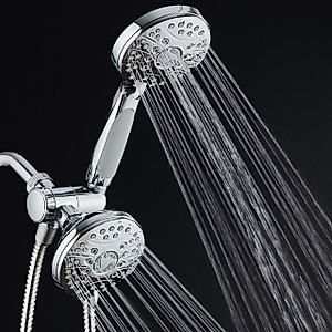 AquaSpa High Pressure 48-mode Luxury 3-way Combo – Dual Rain & Handheld Shower Head – Extra Long 6 Foot Stainless Steel Hose – Anti Slip Grip – All Chrome Finish – Extra Wall Bracket