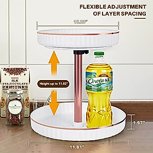Double Layer Lazy Susans,2 Tiers Plastic Turntable with Adjustable Height, 360° Rotating Spice Rack for Kitchen Cabinet Storage, White (Diameter 10.23"-11.81")