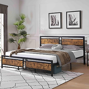 RIDFY Queen Bed Frame with Industrial Headboard and Footboard, Heavy Duty Platform Bed Frame with Under-Bed Storage, Mattress Foundation, Metal Slat Support, Noise-Free, No Box Spring Needed