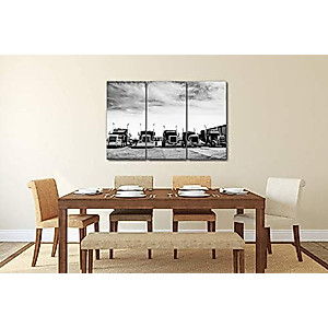 Trucks Convoy, California Black And White Print On Canvas Wall Artwork Modern Photography Home Decor Unique Pattern Stretched and Framed 3 piece