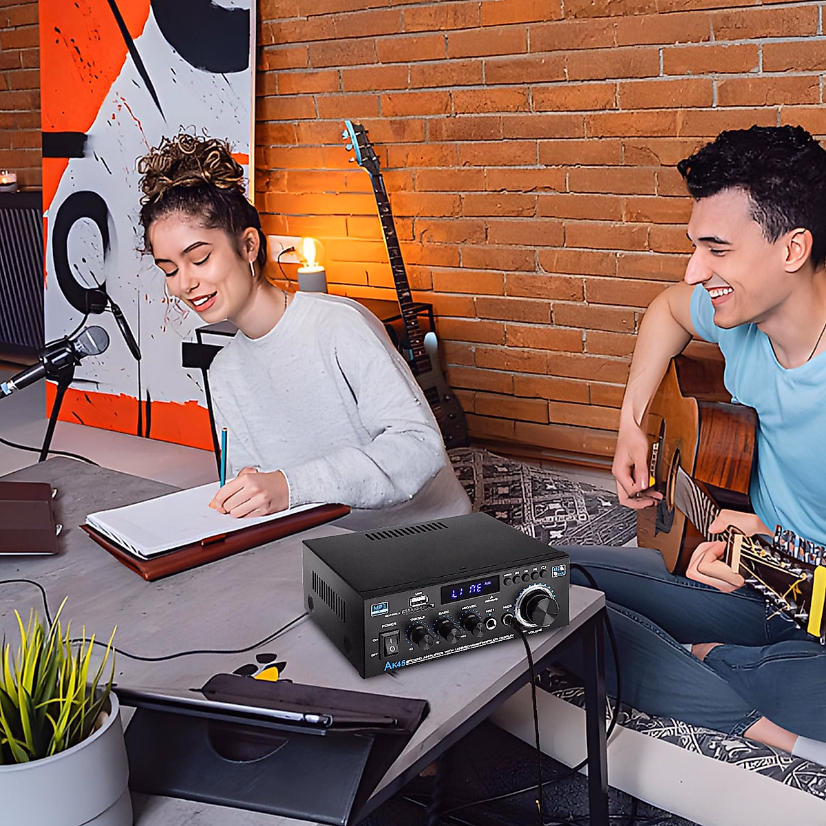 AK45 Home Audio Power Amplifier with Bluetooth, 100Wx2 Audio Stereo Receiver, Home Amplifiers w/FM Radio USB, AUX, RCA, SD for Home Theater Speakers Audio Stereo, Studio