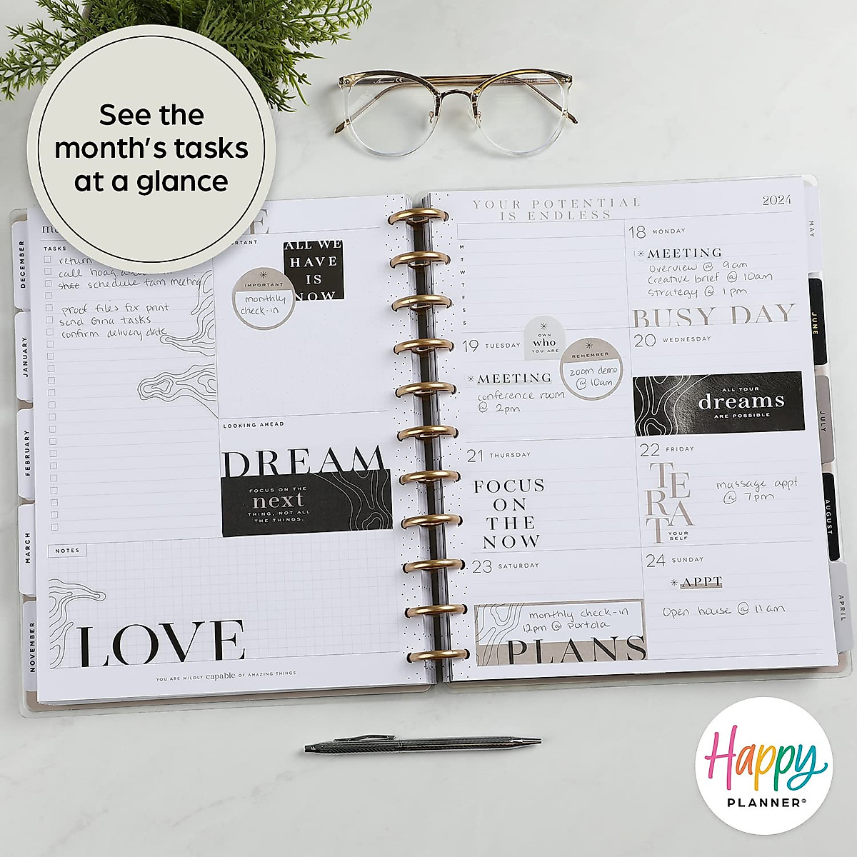 Happy Planner 2023 Daily Diary and Calendar, 18-Month Daily, Weekly, Monthly July 2023–Dec. 2024 Planner Diary, Dashboard Layout, Modern Months Theme, Big Size, 27.94 x 21.59 cm (8 1/2" x 11")