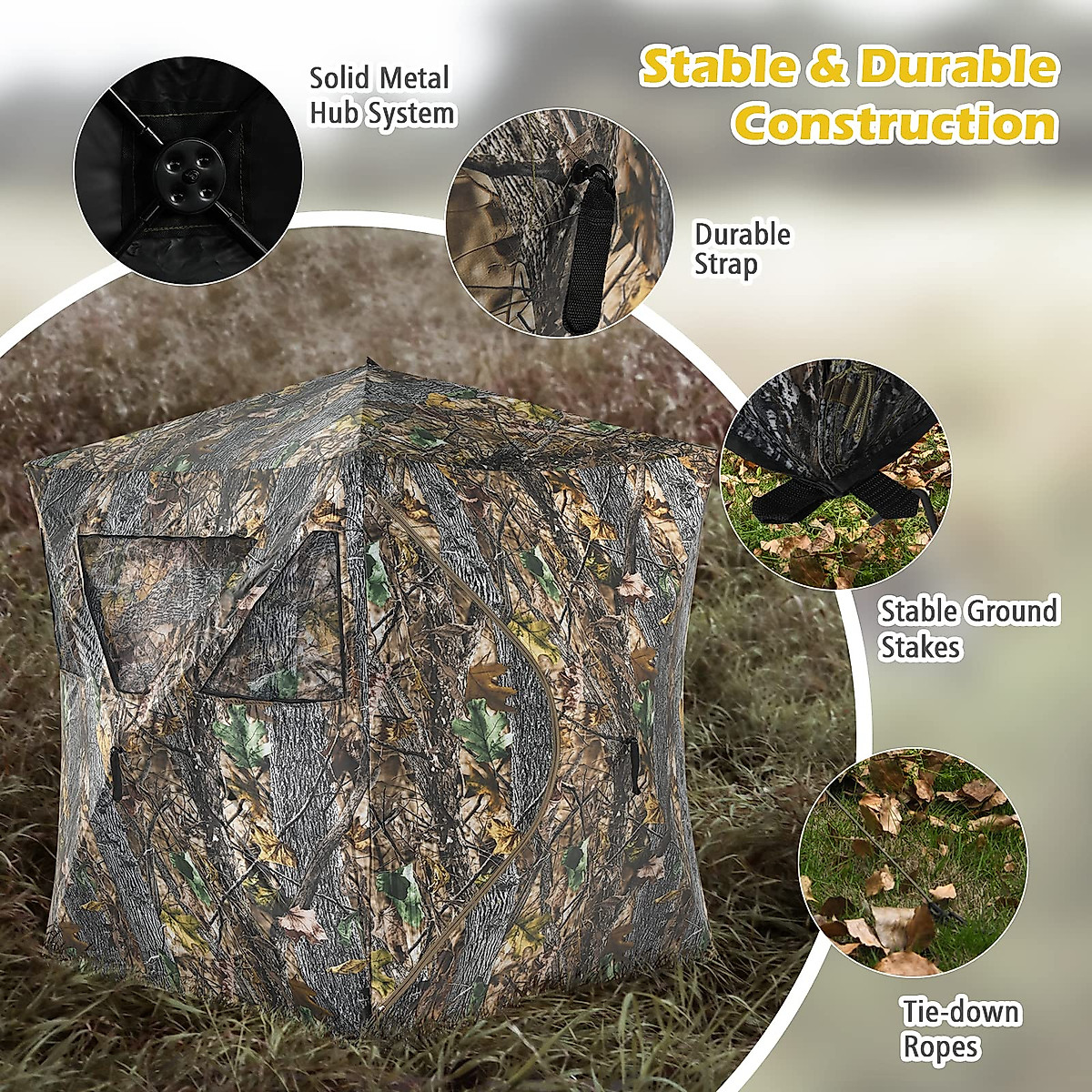 HAPPYGRILL Portable Hunting Blind with 360 Degree Mesh Windows, Pop up Camouflage Hunting Tent with Carrying Bag & Ground Stakes