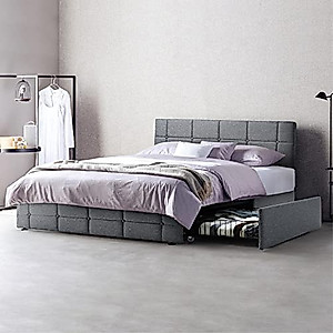 CAPHAUS Upholstered Storage Bed Frame with 4 Drawers and Adjustable Headboard, Square Stitched Button Tufted, Platform Beds Frame with Wood Slat Support, No Box Spring Needed, Full Size, Light Grey