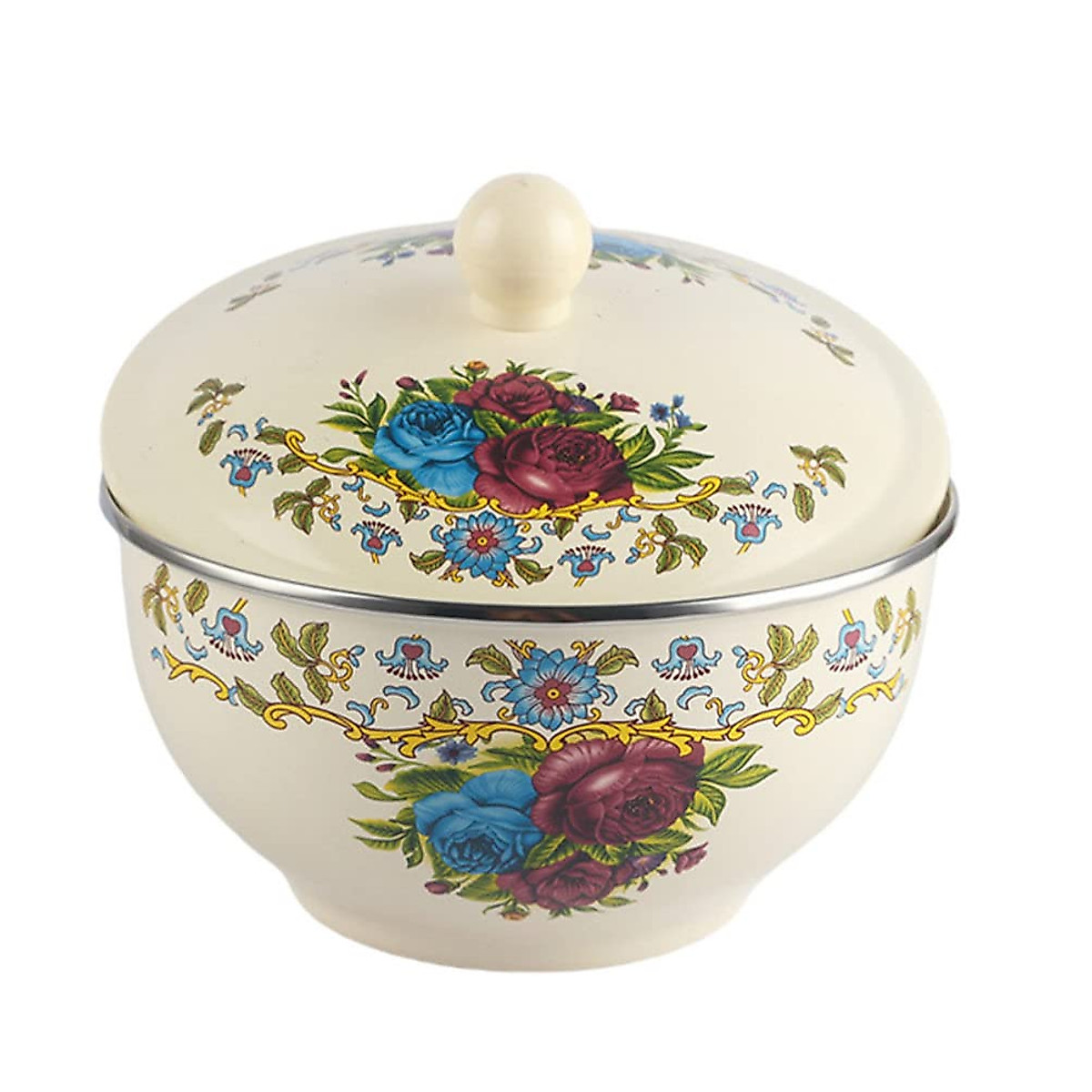 Cabilock Mixing Bowl Enamel Soup Bowl With Lid Flower Prints Enamelware Basin Old- fashioned Bowl Thickened Enamelware Bowl Large Capacity Vegetable Fruit Rice Pot Random Color Enamel Serving Bowls