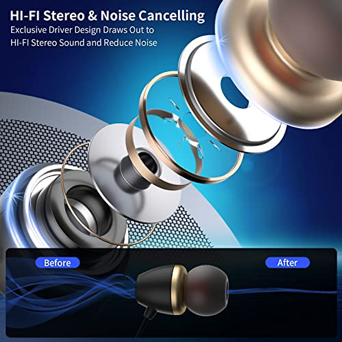 Bluetooth Headphones Retractable, Neckband Earbuds Wireless Headset Sports Noise Cancelling Stereo Earphones with Microphone Compatible with iPhone, Smart Phone, Android, Samsung, iPad (Black Gold)
