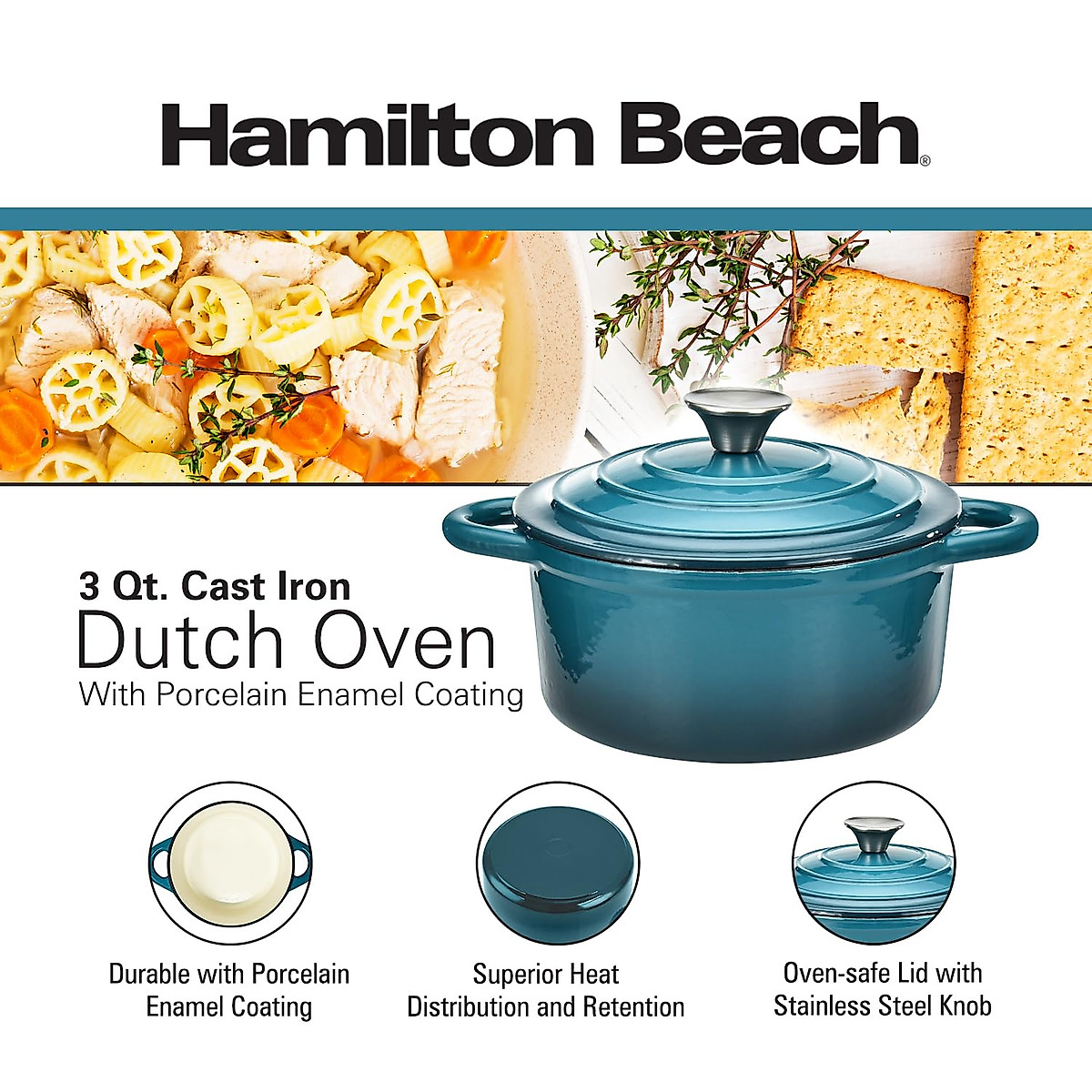 Hamilton Beach Enameled Cast Iron Dutch Oven Navy (3-Quart) | Cream Enamel Coating Dutch Oven Pot with Lid | Cast Iron Dutch Oven with Even Heat Distribution | Easy Grip to Handles & Multipurpose