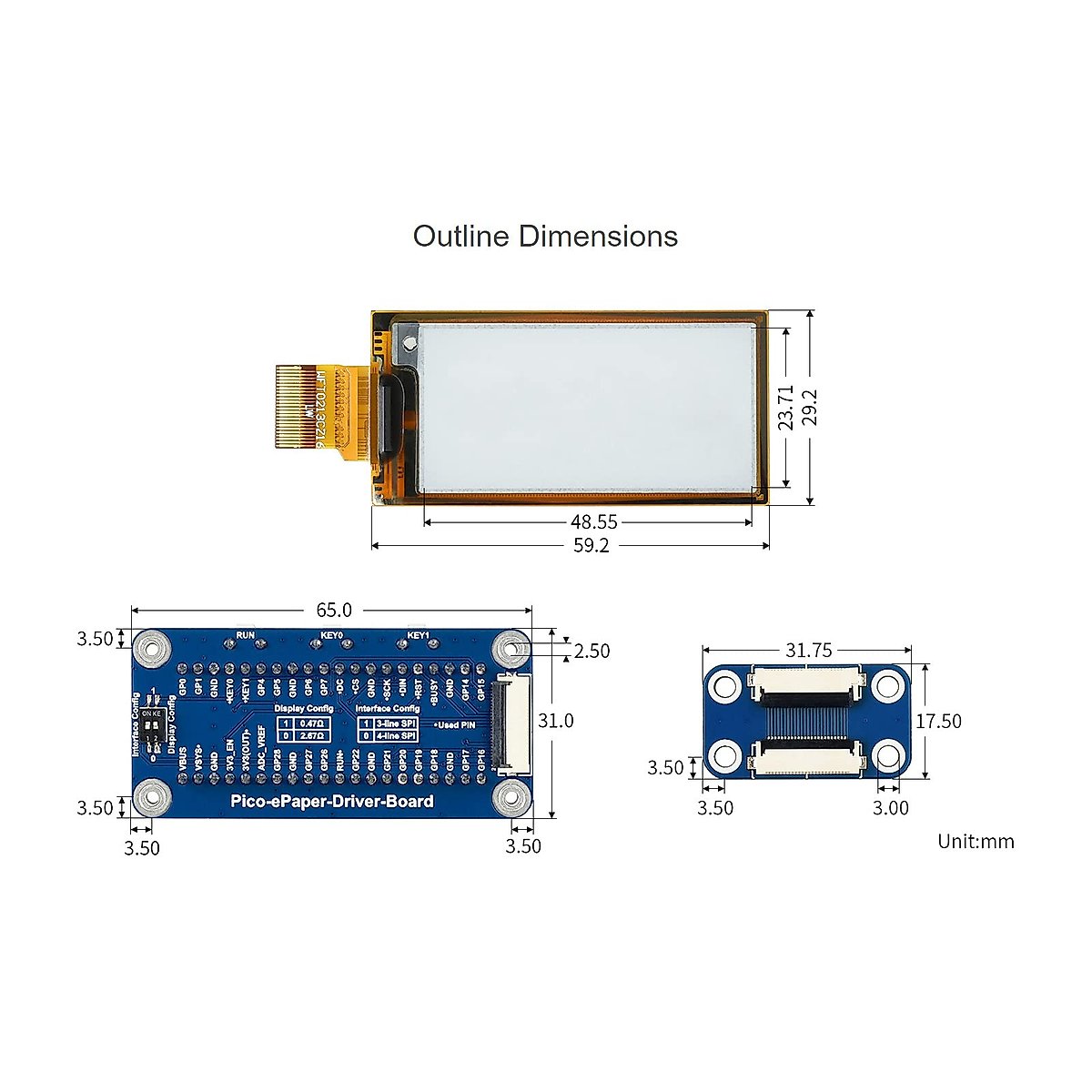Waveshare 2.13inch Flexible E-Paper E-Ink Display Module for Raspberry Pi Pico 212×104 Pixels Black/White SPI Interface