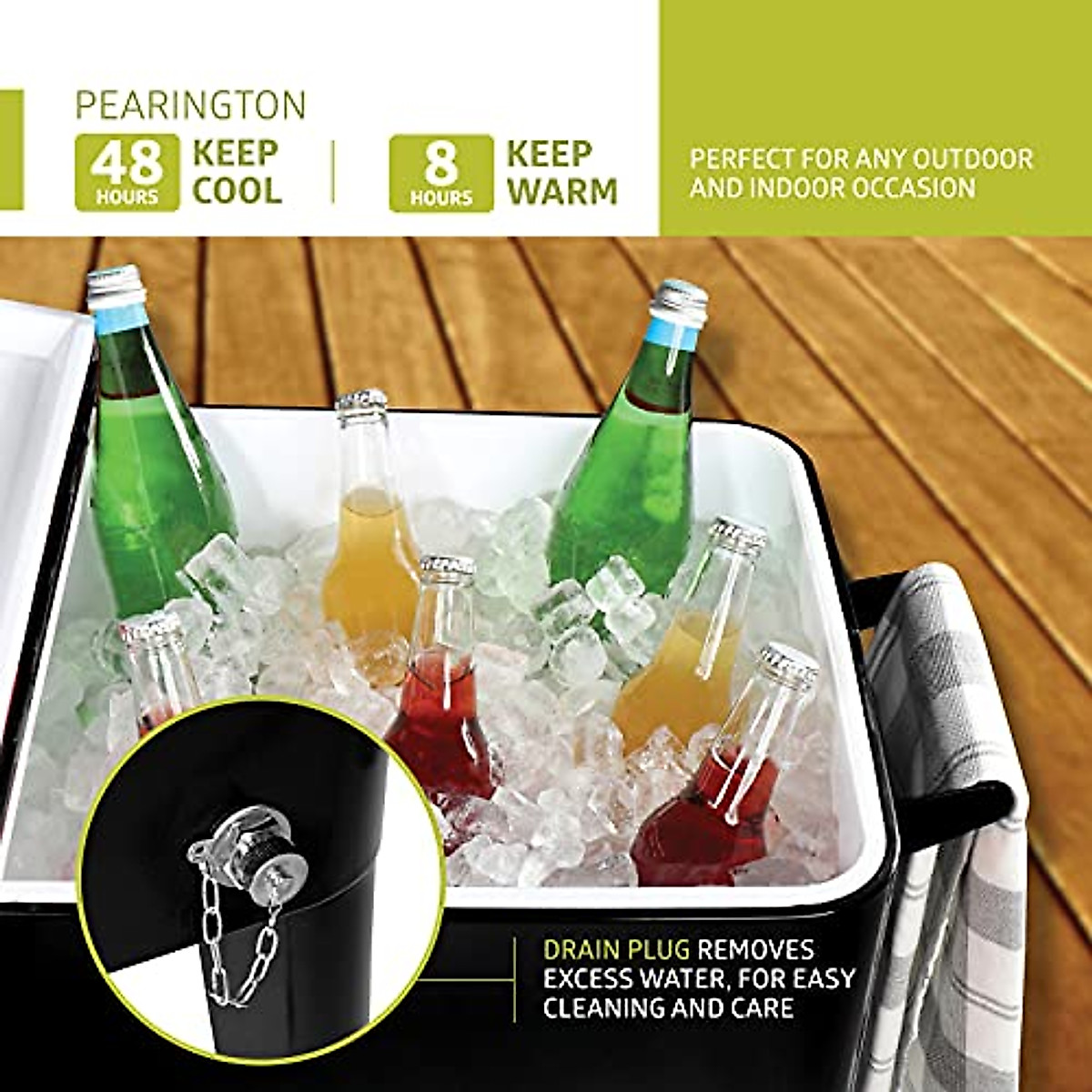 Pearington 80 Quart Rolling Ice Chest, Portable Patio Party Bar Drink Cooler Cart, Beverage Pool with Bottle Opener, Onyx