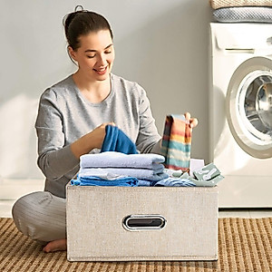 HONGKERNE Storage Box Bin, Linen Fabric, Foldable Storage Organizer with Lid, Multi-Use Clothes Storage Container for Bedroom, Office, Home (Cream, Large)