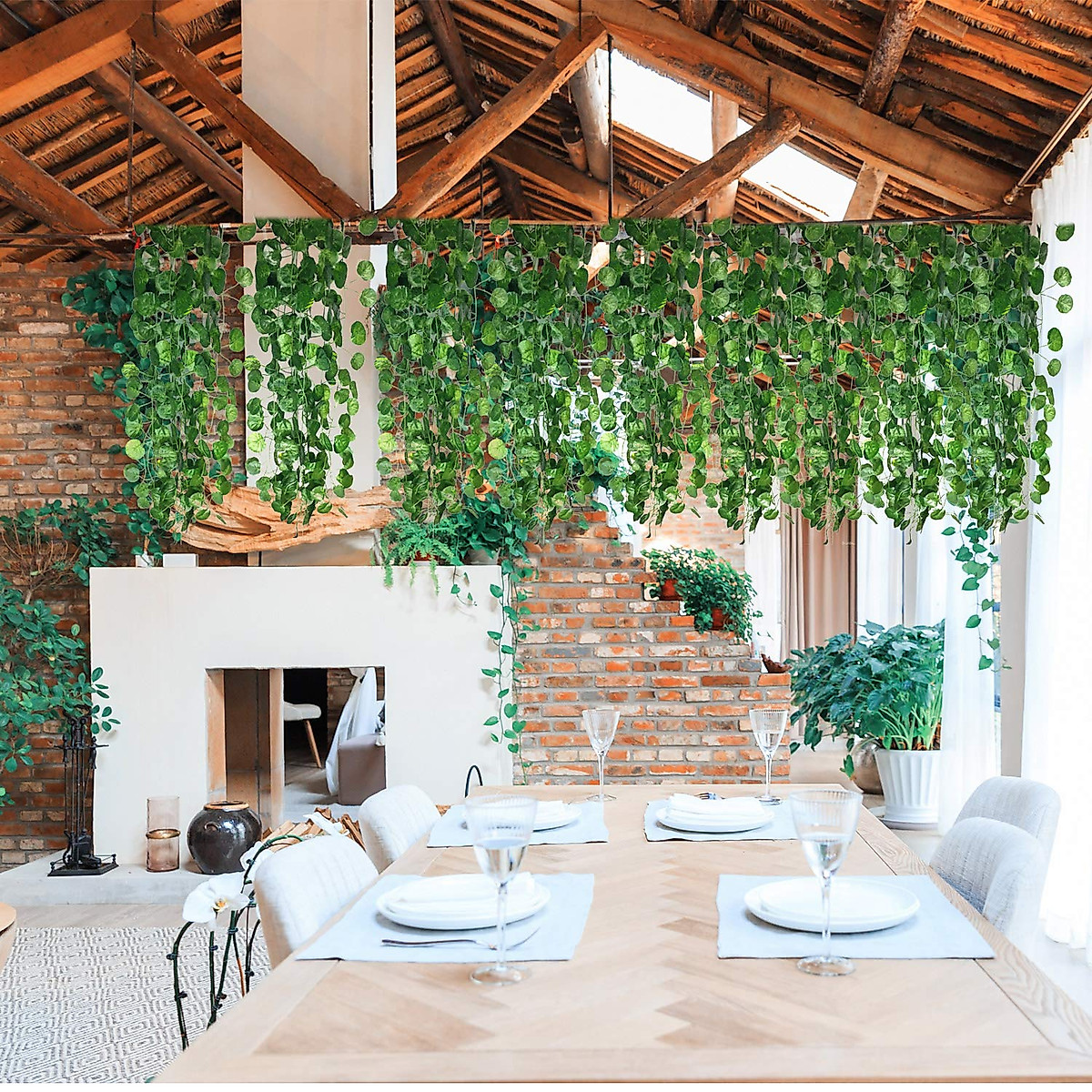 Guagb 12 Strands Artificial Vines - Fake Ivy Silk Leaves - Faux Green Garland Hanging Vine for Room Wall Kitchen Office Garden Home Wedding Party Decor