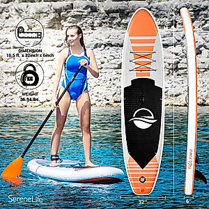 SereneLife Stand up Paddle Board Inflatable - Non-Slip SUP Paddle Board Paddle, Pump, Leash, and Accessories - Fun Water inflatable paddle board for Adults and Youth with Wide Stable Design