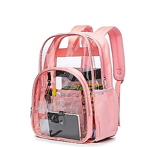 BLUEFAIRY Clear Backpack for School Stadium Approved Large PVC See Through Bag Heavy Duty Bookbag Transparent Plastic Bag for Kids Students Work Events 17" Pink