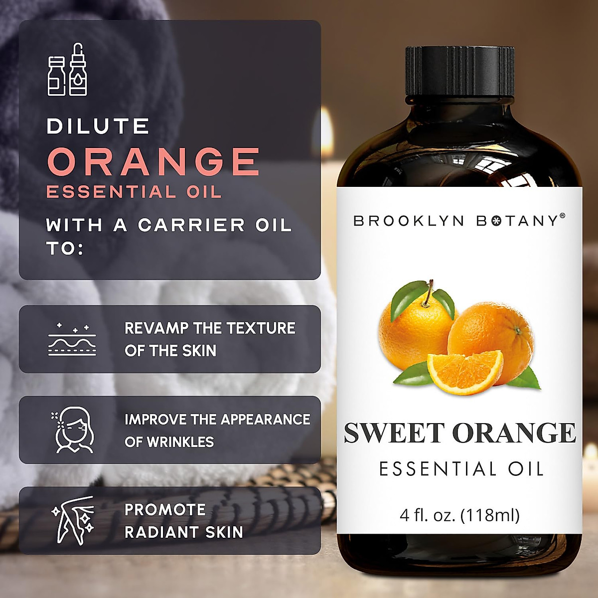 Brooklyn Botany Sweet Orange Essential Oil - Huge 4 Fl Oz - 100% Pure and Natural - Premium Grade with Dropper - for Aromatherapy and Diffuser