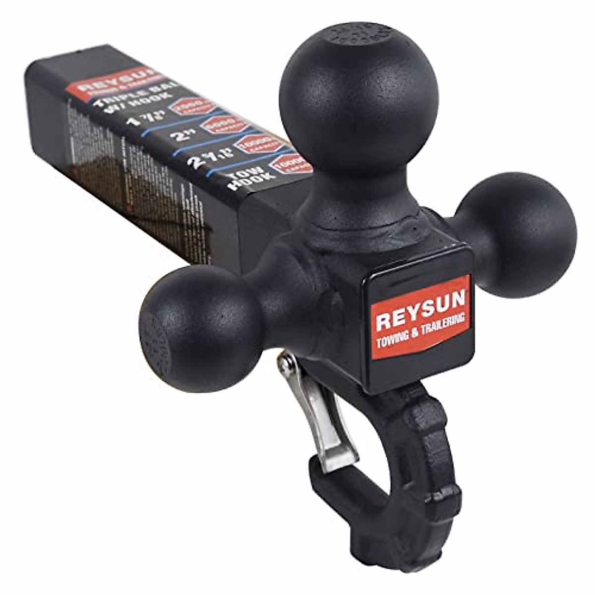 REYSUN Trailer Hitch 864011L Tri Ball Mount with Hook, Tactical Tow Hook, Fits 2 inch Hitch Receiver, Secure with Self-Lock Latch, Matt Black, 5/8 Inch Hitch Lock Included…