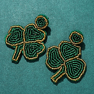 St Patricks Day Earrings Dangling Beaded Green Shamrock Earrings Handmade Lucky Clover Beer Glass Leprechaun Teardrop Drop Dangle Earrings Funny Irish Holiday Jewelry Gift for Women