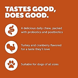 Protexin Daily Care Gut+ Immunity, 60 probiotic and postbiotic Dog Supplement Chews – Turkey and Cranberry Flavored