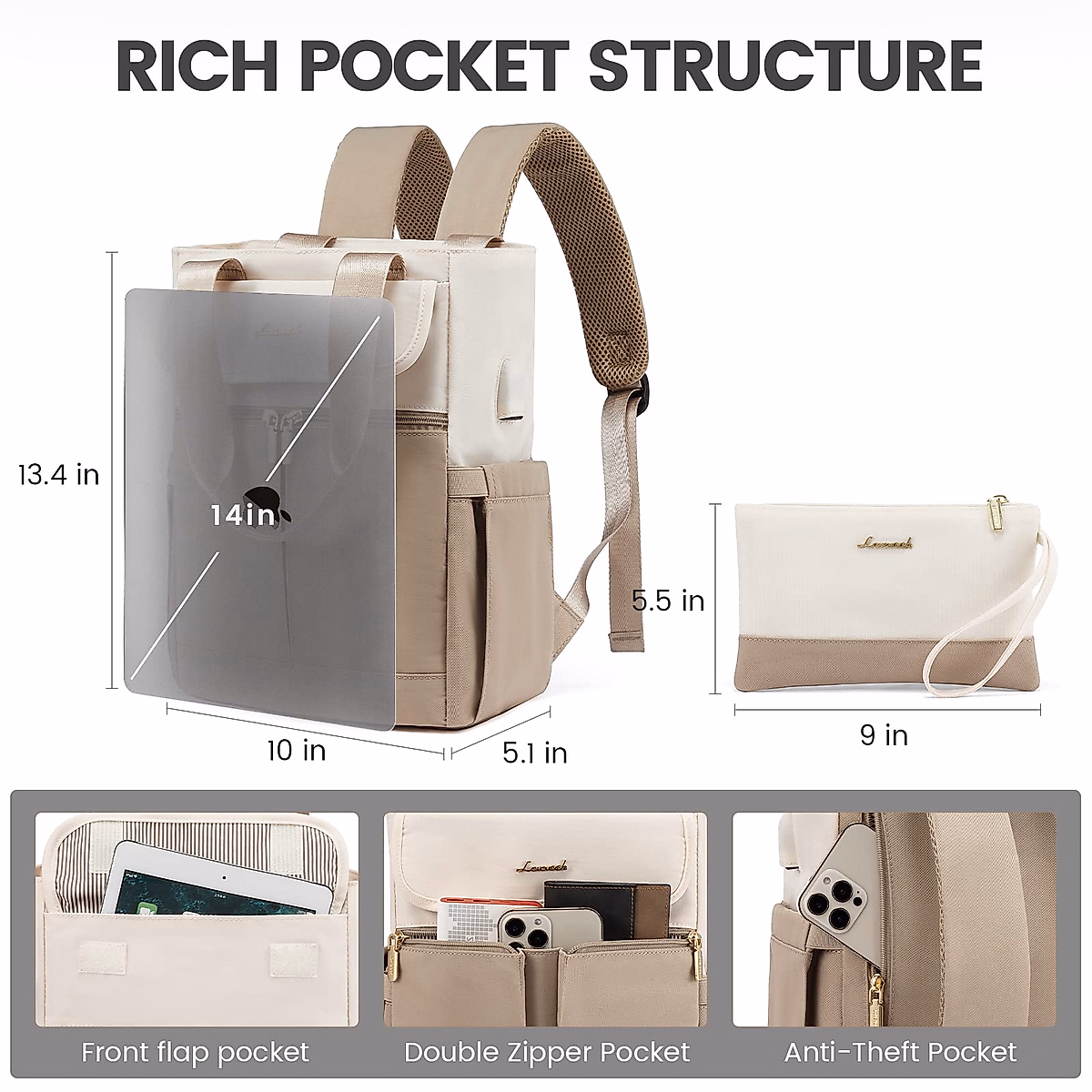 LOVEVOOK Backpack Purse for Women, Convertible Mini Backpacks Tote for Teen Girls, Small College Bookbag for Work, School, Travel, 2pcs set, Cream-Khaki