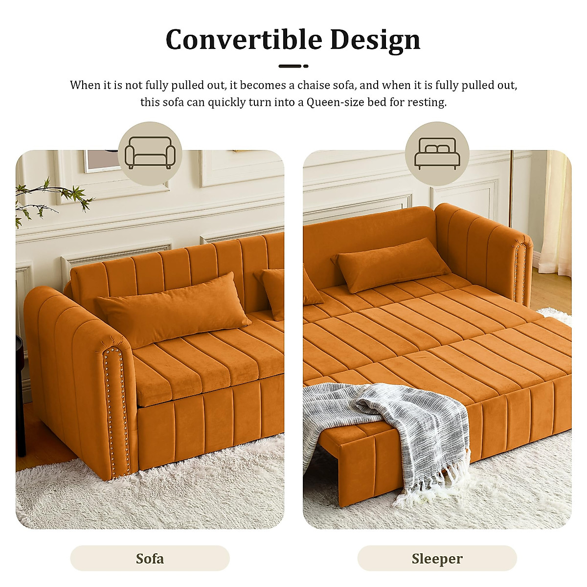 DEINPPA Sleeper Sofa Bed with Storage, Pull Out Sofa Bed with Nailhead Tirm Embellishment, Convertible Futon Bed for Living Room Bedroom Guestroom Lounge, Velvet Fabric-Orange