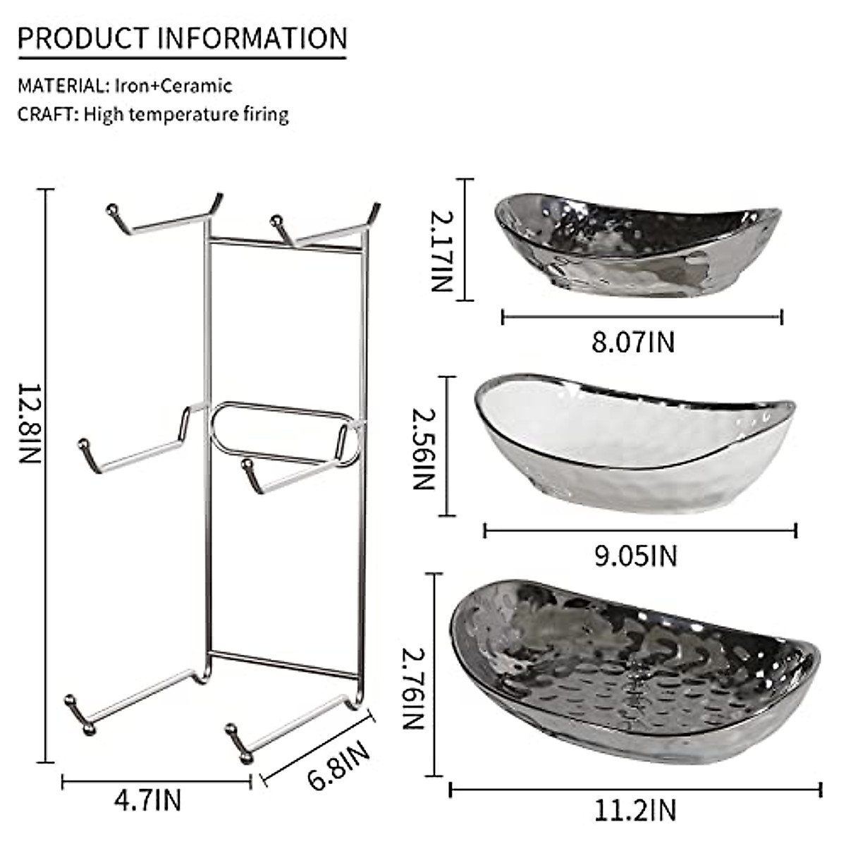 Acliys Fruit Bowl, 3 Tier Ceramic Fruit Basket, 3 Tier Serving Stand Serving Bowl with Metal Rack, Porcelain Kitchen Bowls for Fruit Vegetable Storage Snack Nuts Dessert Cake Tray for Party Wedding