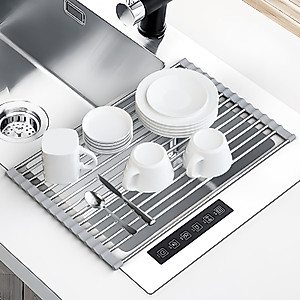 Sindax Roll Up Dish Drying Rack, 23‘’x13'' Stretchable Stainless Steel Over The Sink Dish Rack Multifunctional Foldable Over Sink Rack with Utensil Holder for Kitchen