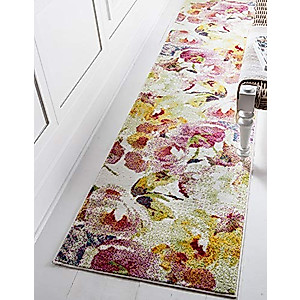 Unique Loom Lyon Collection Modern Watercolor Floral Area Rug, 2 x 6 ft, Ivory/Pink