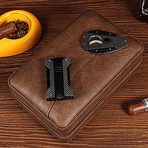 Galiner Travel Cigar Humidor Leather Case with Humidity Packs Bag Portable Cedar Wood Leather Case Holder 4 Cigars, Pockets for Cigars Lighter Cutter, Black Gift Box