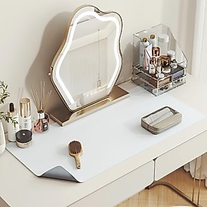 DAWNTREES Makeup Mat for Vanity,Dual-Sided Leather Vanity Mat, Easy to Clean, Waterproof and Oilproof,Desk Pad Mat to Protect Vanity(White - Silver)