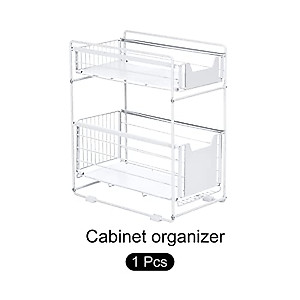 METALLIXITY Under Sink Cabinet Organizer with Sliding Drawers (14.7"x 17.1"), 2-Tier Metal Pull-Out Cabinet Organizer - Suitable for Kitchen, Bathroom, Pantry, Cabinet - White