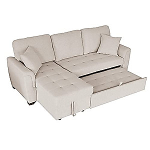 Melpomene Upholstered Sectional Sofa Couch, Convertible Pull Out Bed Sleeper Sofa with Storage 3 Seater L Shaped Couch with 2 Pillows,Linen Fabric Corner Sofa for Living Room(Beige)
