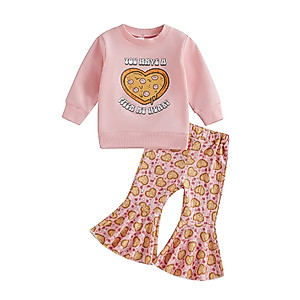2Pcs Toddler Baby Girls Valentine's Day Outfits Letter Print Sweatshirts Pullover Tops Heart Print Flare Pants Clothes (Pink, 2-3 Years)