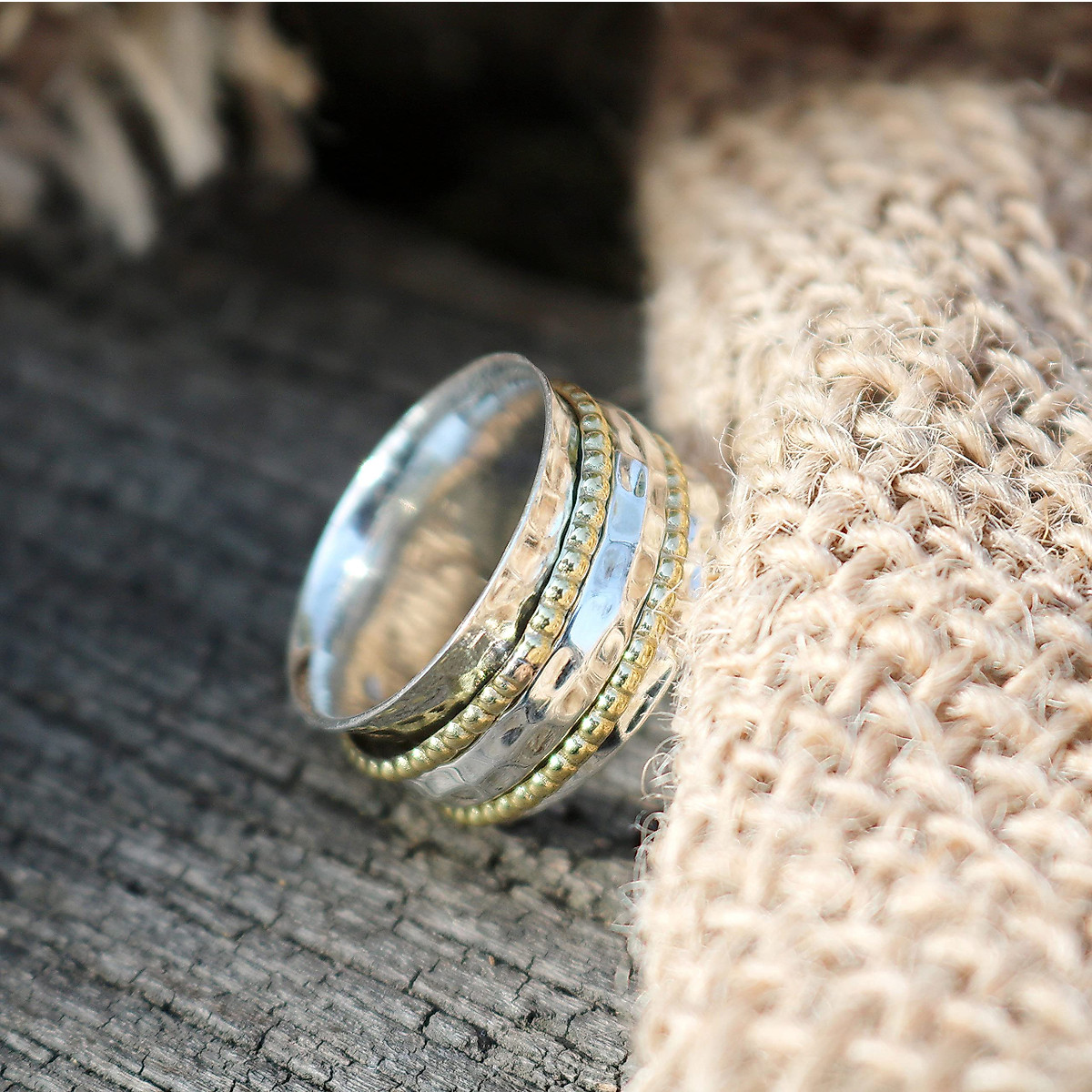 ENERGY STONE Clarity Sterling Silver Meditation Spinner Ring with Brass and Silver Spinners on Hammered Pattern Base Ring (Style US01)(8)