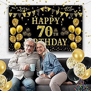 Trgowaul 70th Birthday Backdrop Gold and Black 5.9 X 3.6 Fts Happy Birthday Party Decorations Banner for Women Men Photography Supplies Background Happy Birthday Decoration